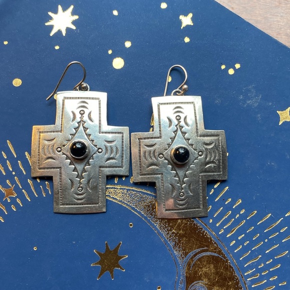 Jewelry | Vintage Sterling Cross Earrings With Black Onyx Center | Poshmark